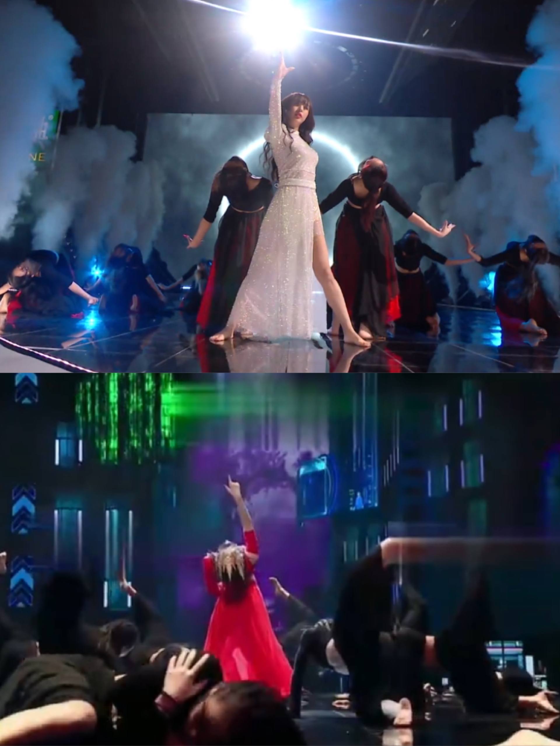 Thick eyeliner, umbilical dress, long boots, sequins all over the face ...