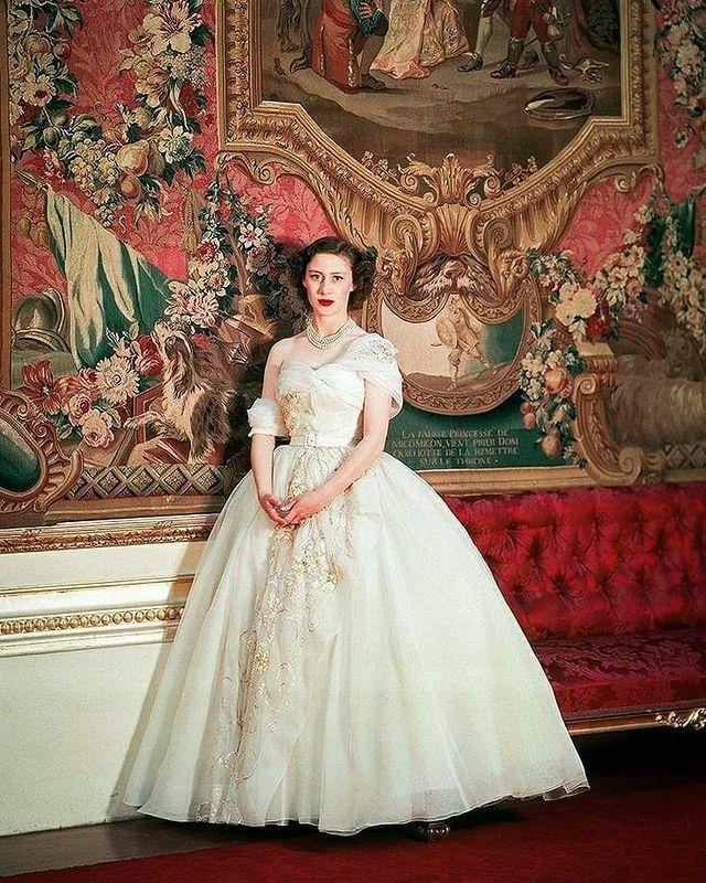 An old photo of Princess Margaret, wearing a crown and a fur cape ...