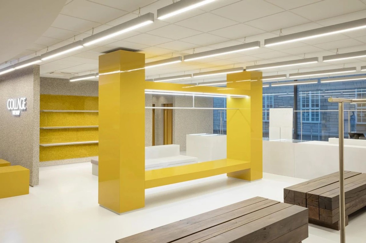 Collage, a luxury fashion retail store for men and women, bright yellow ...