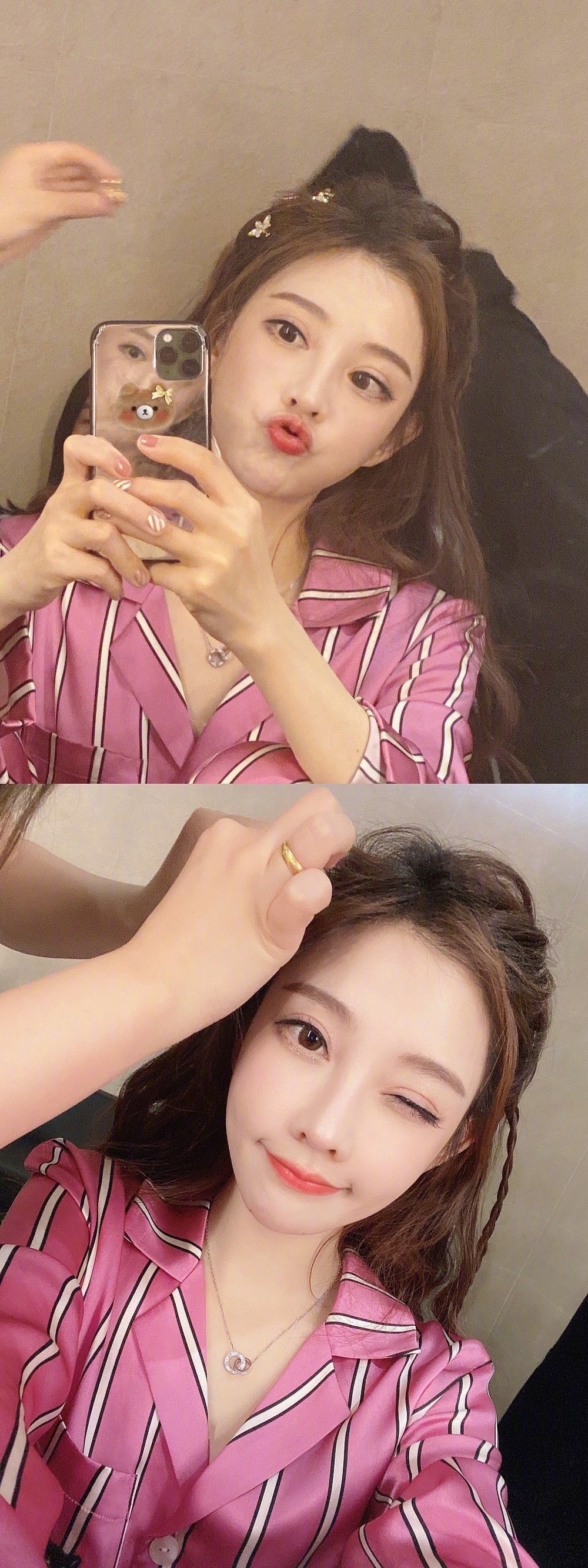 Feng Timo has funny photos, and her rose pajamas are as pink as a girl ...