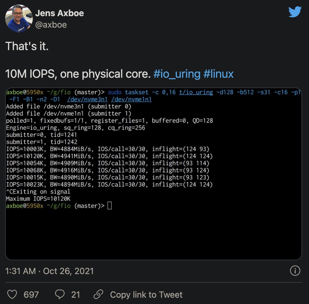 Single-core IOPS exceeded 10 million, Linux 5.16 is expected to greatly improve I/O performance ...