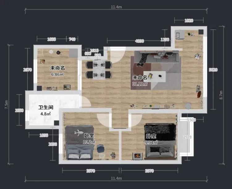 79 square meters simple two-bedroom, the balcony is incorporated into ...