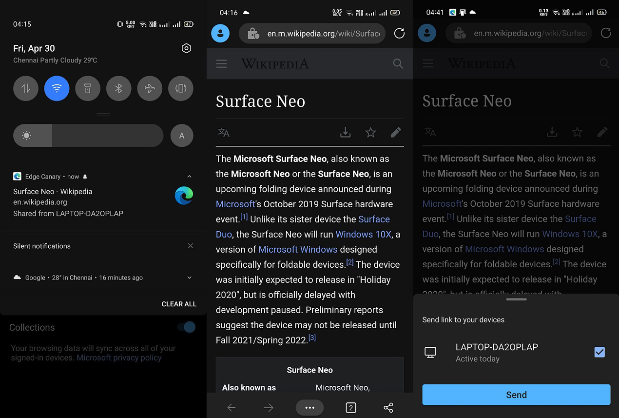 New feature of Microsoft Edge browser: "Send web page to my device ...